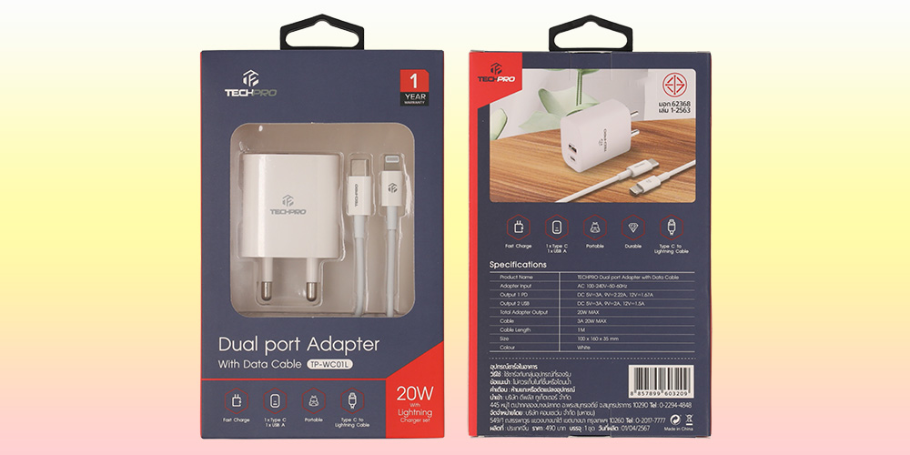 อะแดปเตอร์ TECHPRO Wall Charger 1 USB-A / 1 USB-C 20W พร้อมสายชาร์จ USB ...