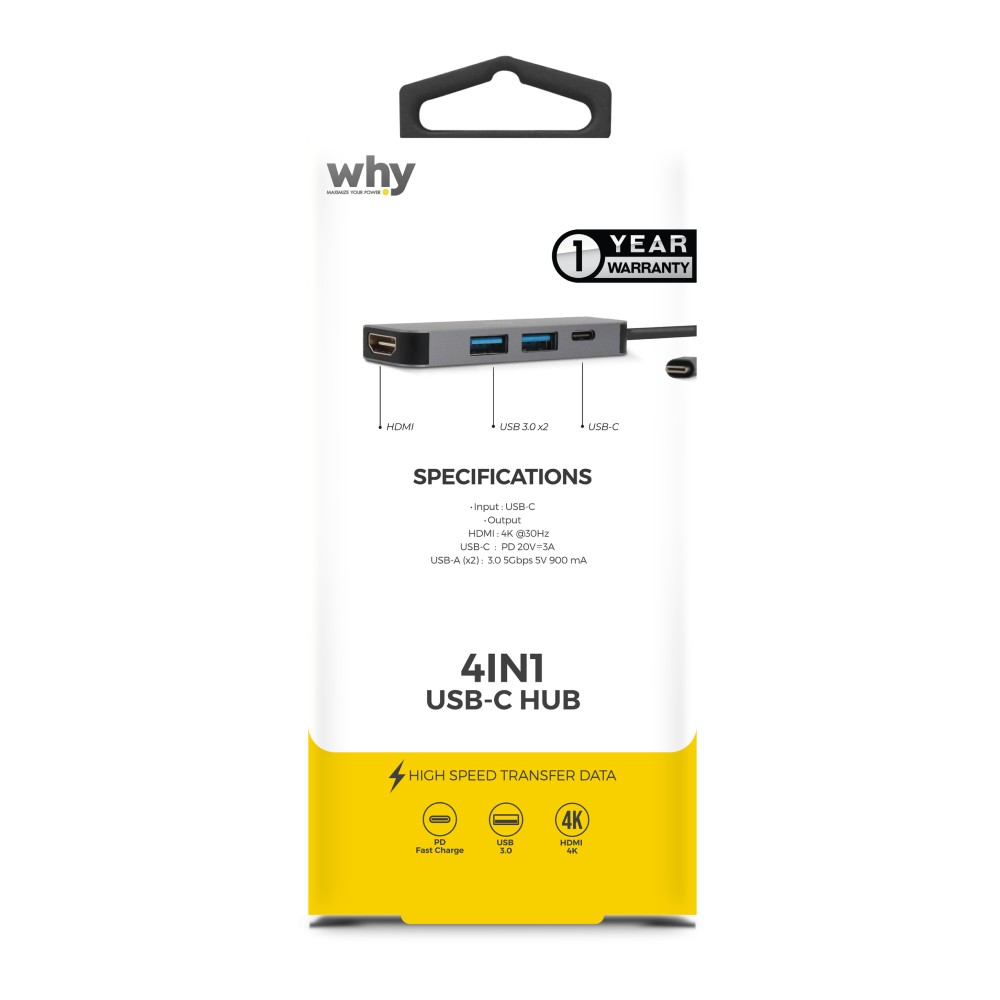 WHY 4-in-1 USB Type-C (HDMI/USB-A/USB-C) HB-1011 Grey | Studio7 online