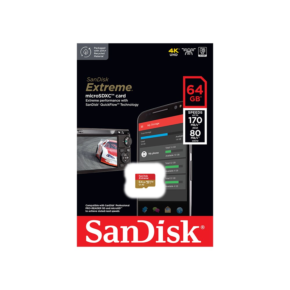 การ์ดหน่วยความจำ SanDisk Extreme microSDXC 64GB V30 U3 C10 A2 170MB/s R ...