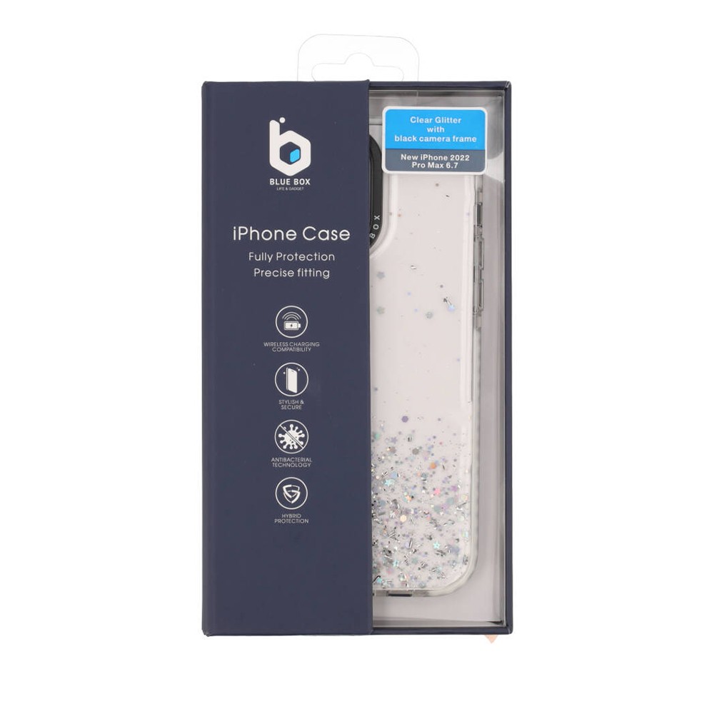 Blue Box Case iPhone 14 Pro Max (6.7) Clear Glitter with black camera ...