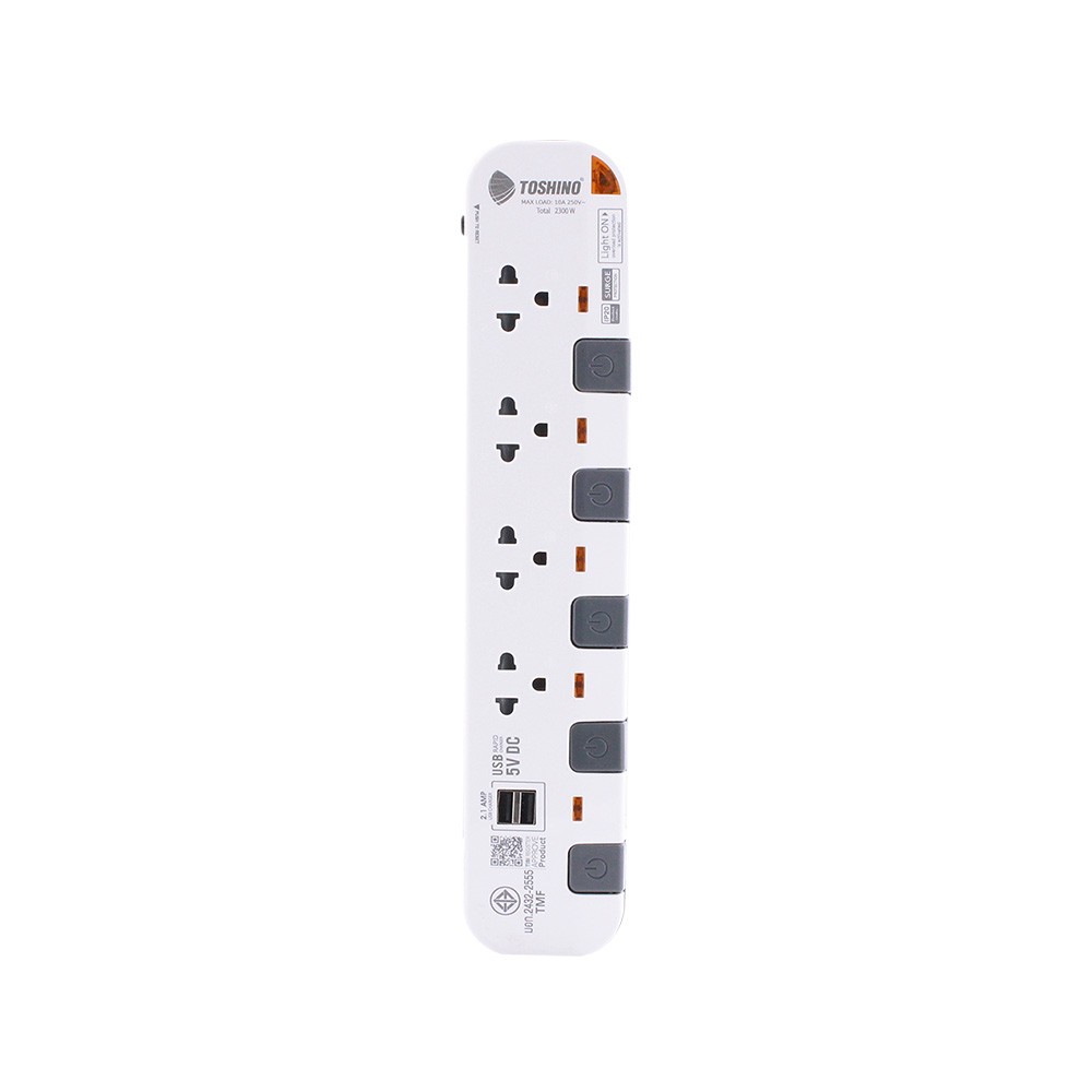 รางปลั๊กไฟ Toshino Plug 4 Way 5 Switch 2 USB (P4375USB-3M WG) White | Studio7 online